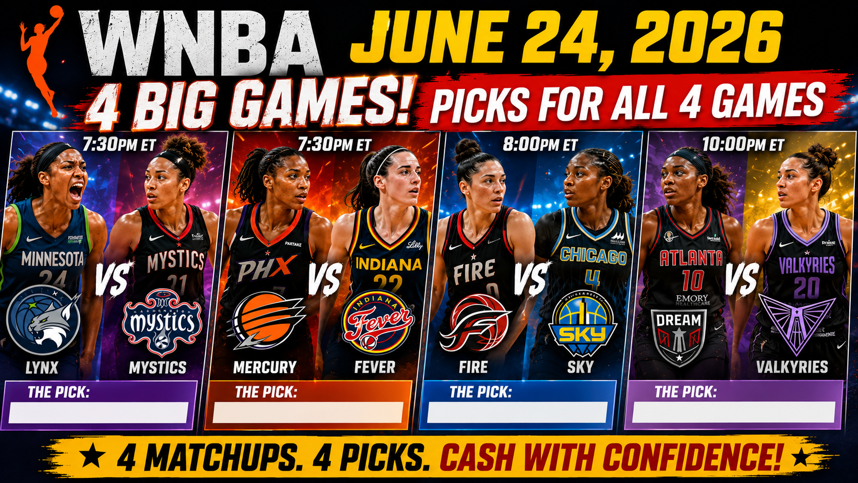 Free WNBA Picks For Today 6/24/2026 - Free Sports Picks, Predictions ...